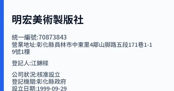 明宏美術製版社的照片-統編 70873843(彰化縣) 公司登記資料與營業項目詳細圖表