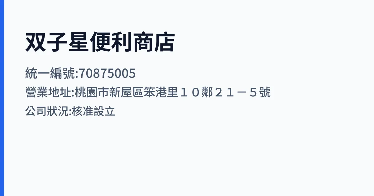 双子星便利商店 - 統編 70875005(桃園市) 公司登記資料與營業項目詳細圖表