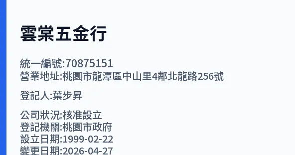 雲棠五金行的照片-統編 70875151(桃園市) 公司登記資料與營業項目詳細圖表