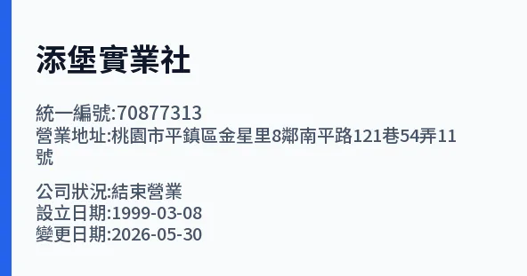 添堡實業社的照片-統編 70877313(桃園市) 公司登記資料與營業項目詳細圖表