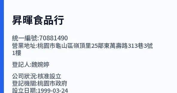 昇暉食品行的照片-統編 70881490(桃園市) 公司登記資料與營業項目詳細圖表