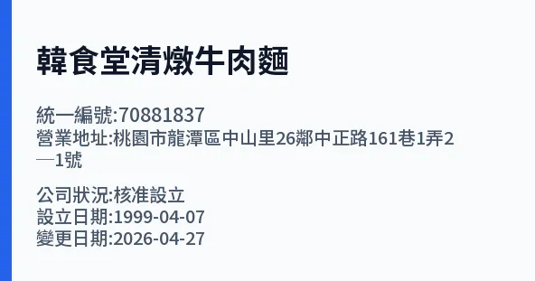 韓食堂清燉牛肉麵的照片-統編 70881837(桃園市) 公司登記資料與營業項目詳細圖表