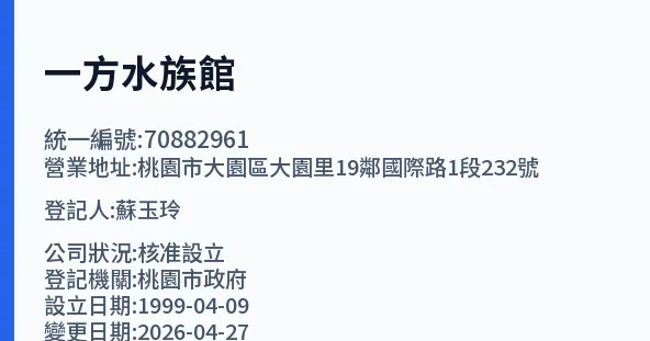 一方水族館的照片-統編 70882961(桃園市) 公司登記資料與營業項目詳細圖表