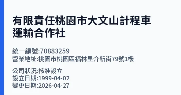有限責任桃園市大文山計程車運輸合作社的照片-統編 70883259(桃園市) 公司登記資料與營業項目詳細圖表
