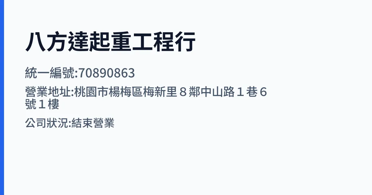 八方達起重工程行 - 統編 70890863(桃園市) 公司登記資料與營業項目詳細圖表