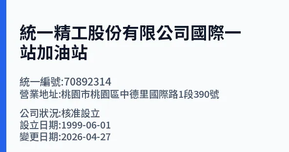 統一精工股份有限公司國際一站加油站的照片-統編 70892314(桃園市) 公司登記資料與營業項目詳細圖表