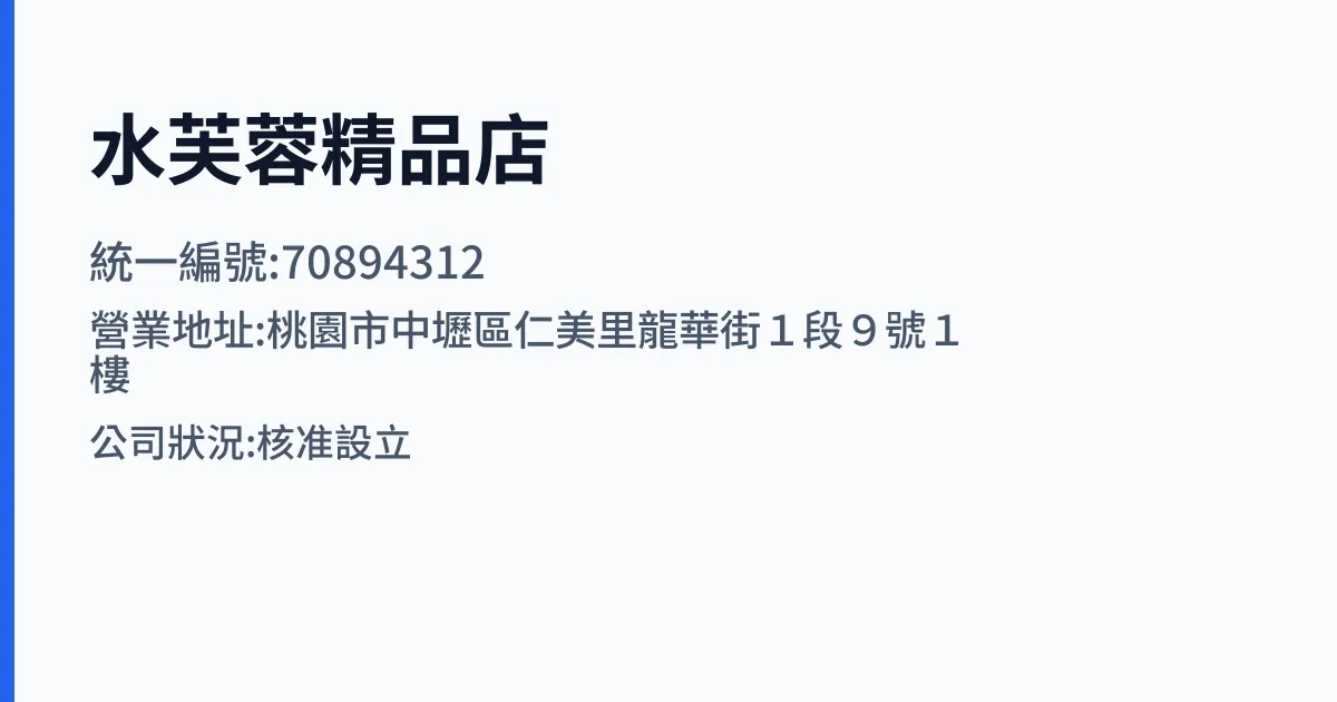 水芙蓉精品店 - 統編 70894312(桃園市) 公司登記資料與營業項目詳細圖表