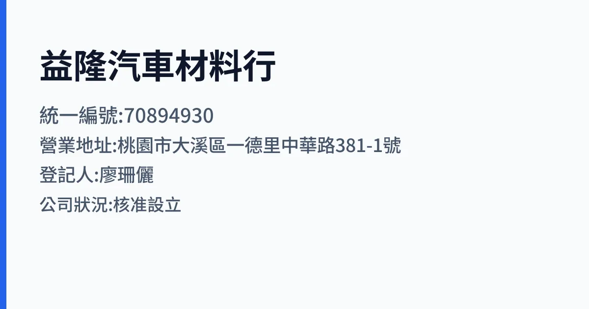 益隆汽車材料行 - 統編 70894930(桃園市) 公司登記資料與營業項目詳細圖表