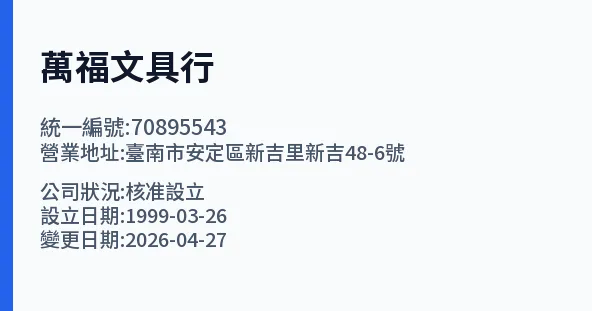 萬福文具行的照片-統編 70895543(臺南市) 公司登記資料與營業項目詳細圖表