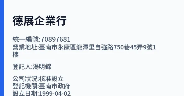 德展企業行的照片-統編 70897681(臺南市) 公司登記資料與營業項目詳細圖表