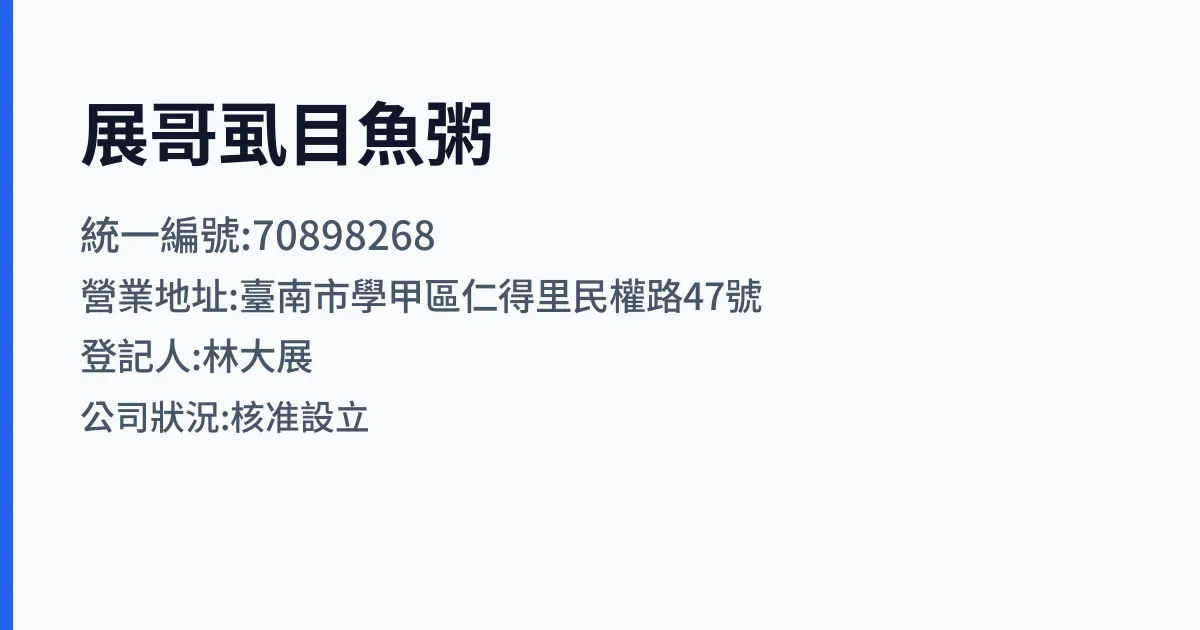 展哥虱目魚粥 - 統編 70898268(臺南市) 公司登記資料與營業項目詳細圖表