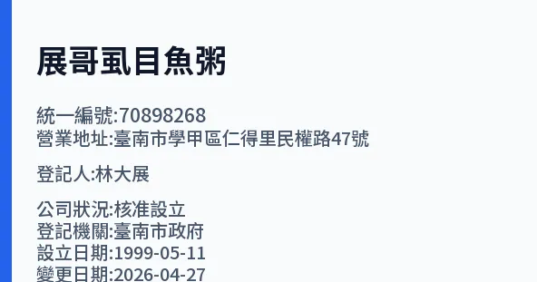 展哥虱目魚粥的照片-統編 70898268(臺南市) 公司登記資料與營業項目詳細圖表