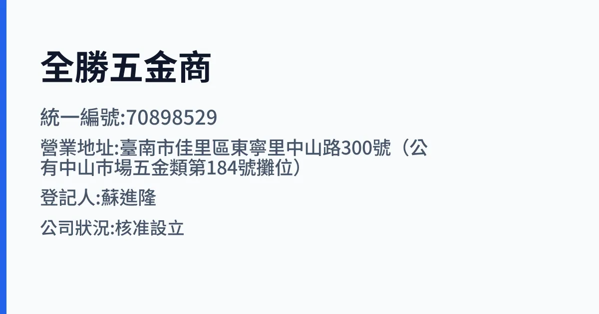 全勝五金商 - 統編 70898529(臺南市) 公司登記資料與營業項目詳細圖表