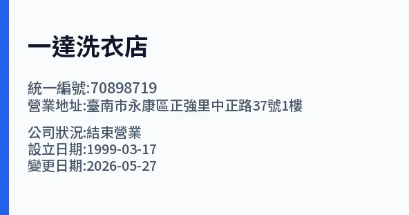 一達洗衣店的照片-統編 70898719(臺南市) 公司登記資料與營業項目詳細圖表