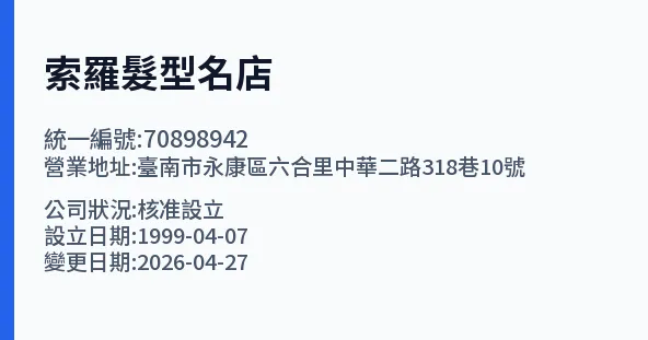 索羅髮型名店的照片-統編 70898942(臺南市) 公司登記資料與營業項目詳細圖表