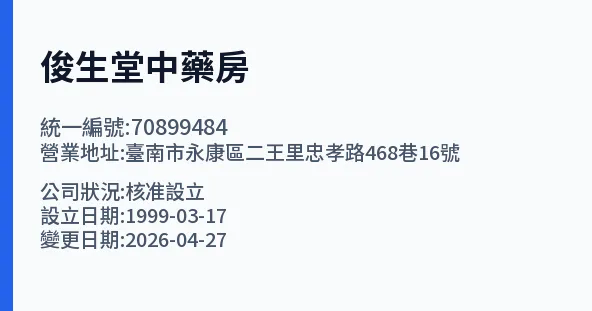 俊生堂中藥房的照片-統編 70899484(臺南市) 公司登記資料與營業項目詳細圖表