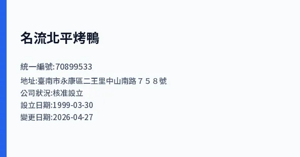 名流北平烤鴨的照片-統編 70899533(臺南市) 公司登記資料與營業項目詳細圖表