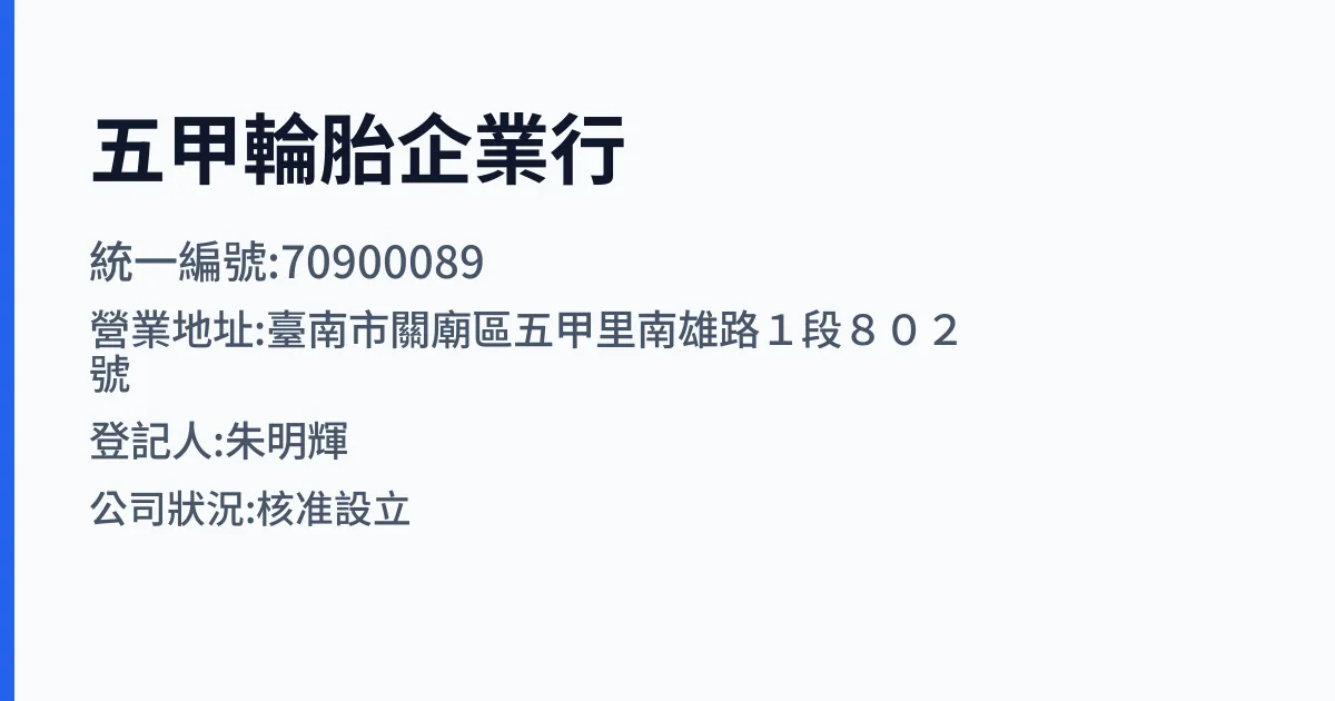 五甲輪胎企業行 - 統編 70900089(臺南市) 公司登記資料與營業項目詳細圖表