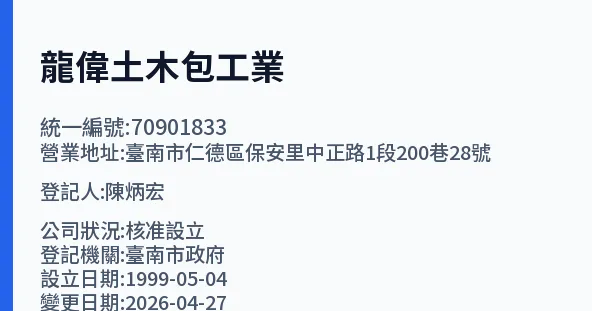龍偉土木包工業的照片-統編 70901833(臺南市) 公司登記資料與營業項目詳細圖表