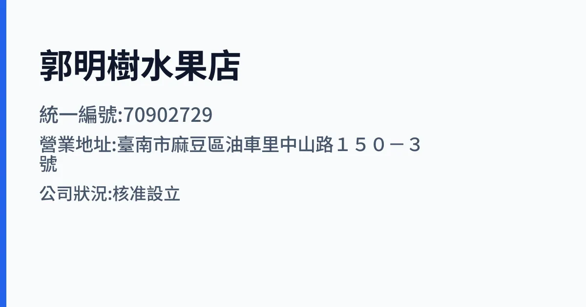 郭明樹水果店 - 統編 70902729(臺南市) 公司登記資料與營業項目詳細圖表