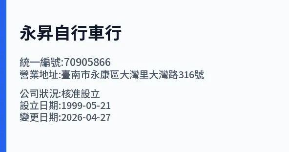永昇自行車行的照片-統編 70905866(臺南市) 公司登記資料與營業項目詳細圖表