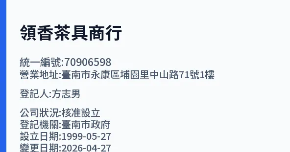 領香茶具商行的照片-統編 70906598(臺南市) 公司登記資料與營業項目詳細圖表