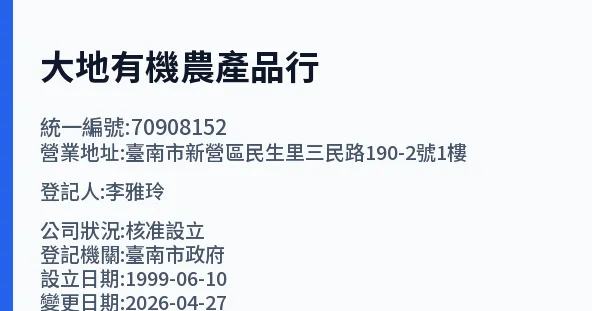 大地有機農產品行的照片-統編 70908152(臺南市) 公司登記資料與營業項目詳細圖表