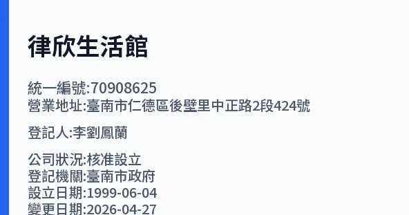 律欣生活館的照片-統編 70908625(臺南市) 公司登記資料與營業項目詳細圖表