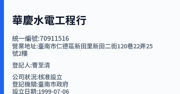 華慶水電工程行的照片-統編 70911516(臺南市) 公司登記資料與營業項目詳細圖表