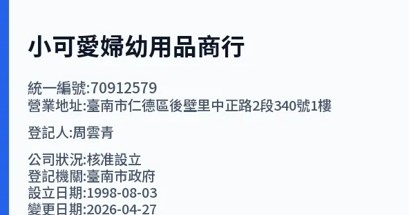 小可愛婦幼用品商行的照片-統編 70912579(臺南市) 公司登記資料與營業項目詳細圖表