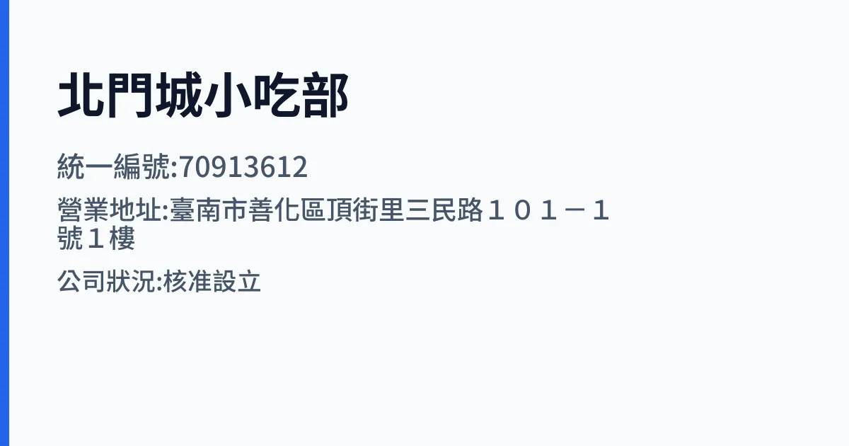 北門城小吃部 - 統編 70913612(臺南市) 公司登記資料與營業項目詳細圖表