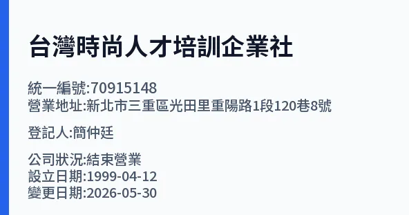 台灣時尚人才培訓企業社的照片-統編 70915148(新北市) 公司登記資料與營業項目詳細圖表