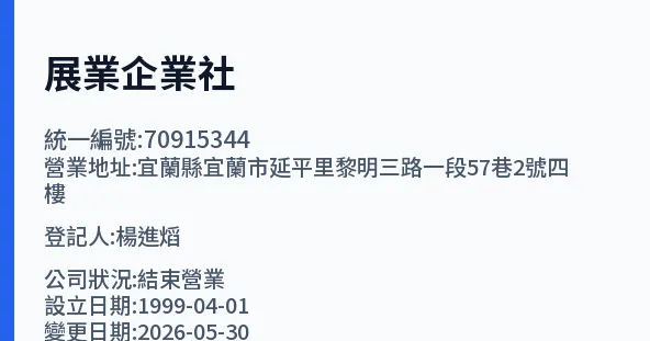 展業企業社的照片-統編 70915344(宜蘭縣) 公司登記資料與營業項目詳細圖表