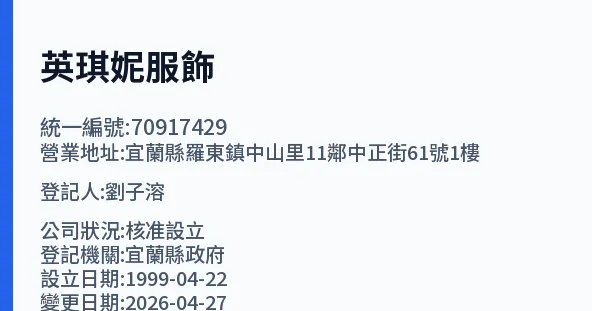 英琪妮服飾的照片-統編 70917429(宜蘭縣) 公司登記資料與營業項目詳細圖表