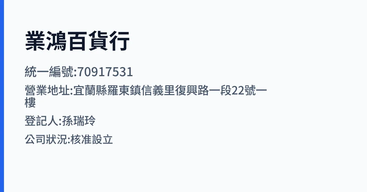 業鴻百貨行 - 統編 70917531(宜蘭縣) 公司登記資料與營業項目詳細圖表