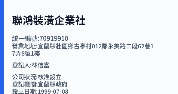聯鴻裝潢企業社的照片-統編 70919910(宜蘭縣) 公司登記資料與營業項目詳細圖表