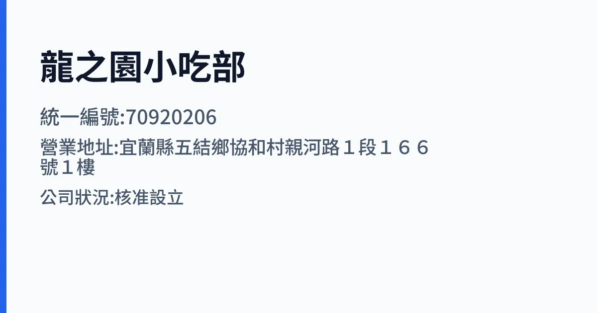 龍之園小吃部 - 統編 70920206(宜蘭縣) 公司登記資料與營業項目詳細圖表