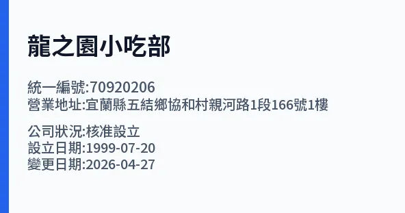 龍之園小吃部的照片-統編 70920206(宜蘭縣) 公司登記資料與營業項目詳細圖表