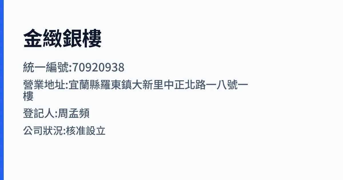 金緻銀樓 - 統編 70920938（宜蘭縣） 公司登記資料與營業項目詳細圖表