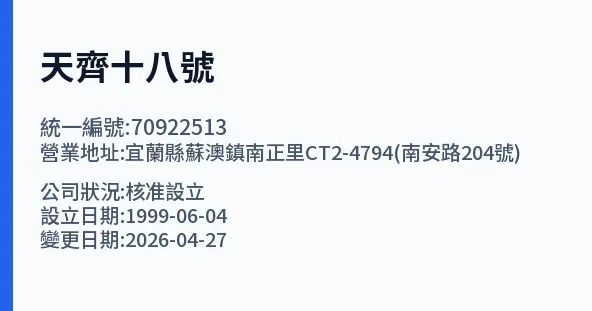 天齊十八號的照片-統編 70922513(宜蘭縣) 公司登記資料與營業項目詳細圖表