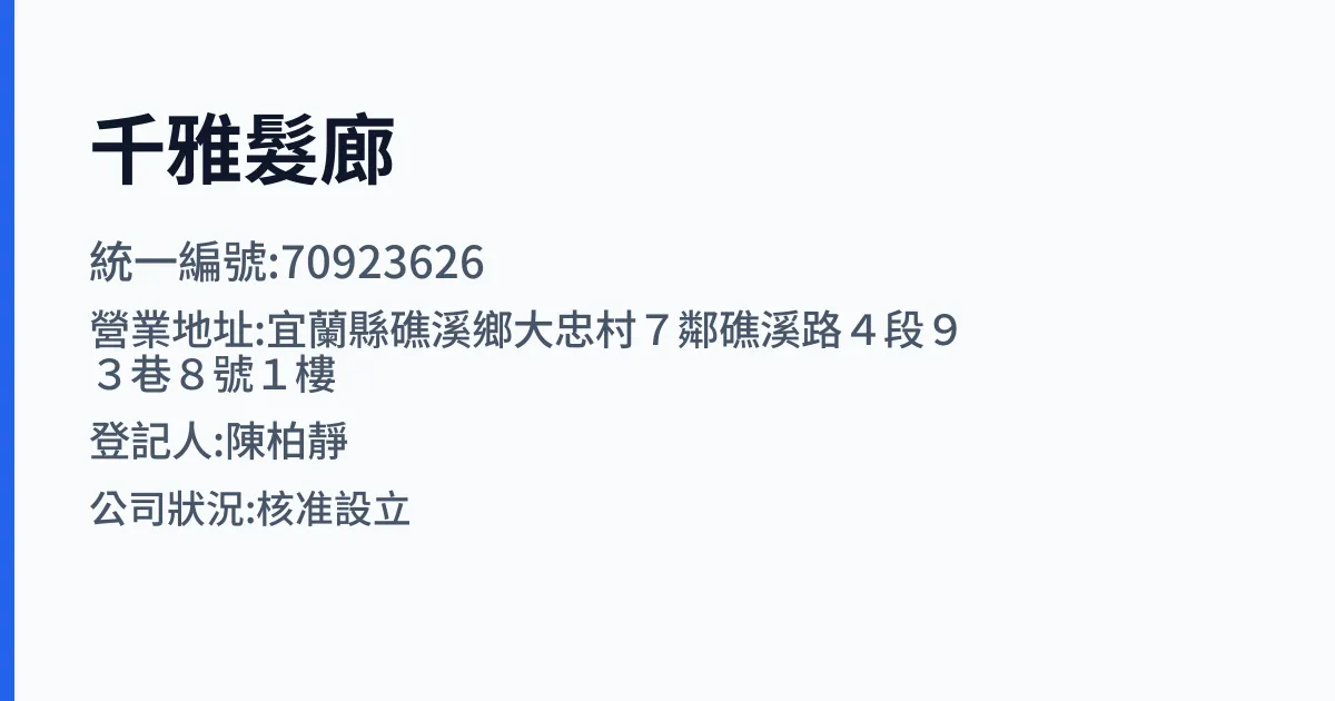 千雅髮廊 - 統編 70923626(宜蘭縣) 公司登記資料與營業項目詳細圖表