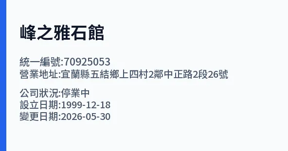 峰之雅石館的照片-統編 70925053(宜蘭縣) 公司登記資料與營業項目詳細圖表