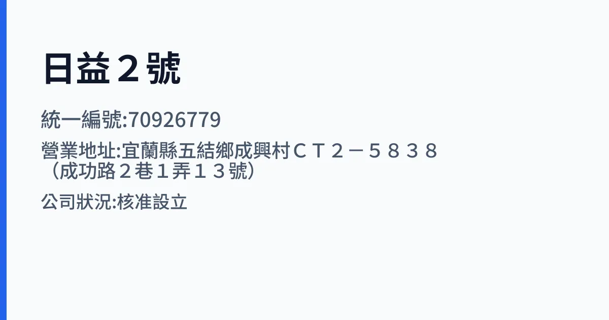 日益2號 - 統編 70926779(宜蘭縣) 公司登記資料與營業項目詳細圖表