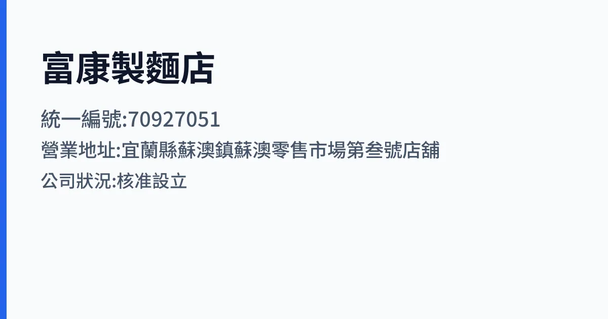 富康製麵店 - 統編 70927051(宜蘭縣) 公司登記資料與營業項目詳細圖表