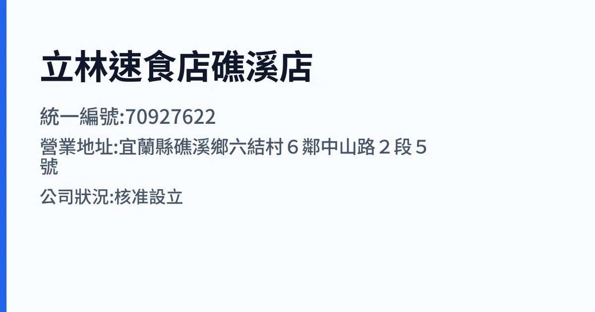 立林速食店礁溪店 - 統編 70927622(宜蘭縣) 公司登記資料與營業項目詳細圖表