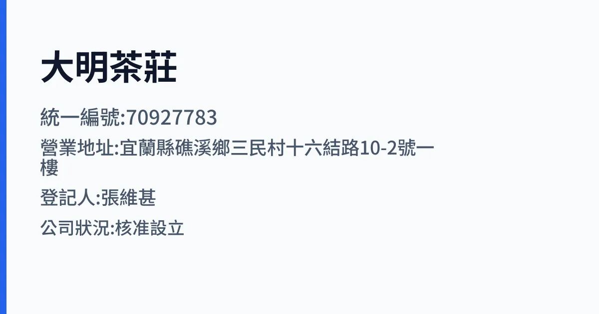 大明茶莊 - 統編 70927783(宜蘭縣) 公司登記資料與營業項目詳細圖表