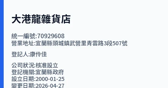 大港龍雜貨店的照片-統編 70929608(宜蘭縣) 公司登記資料與營業項目詳細圖表