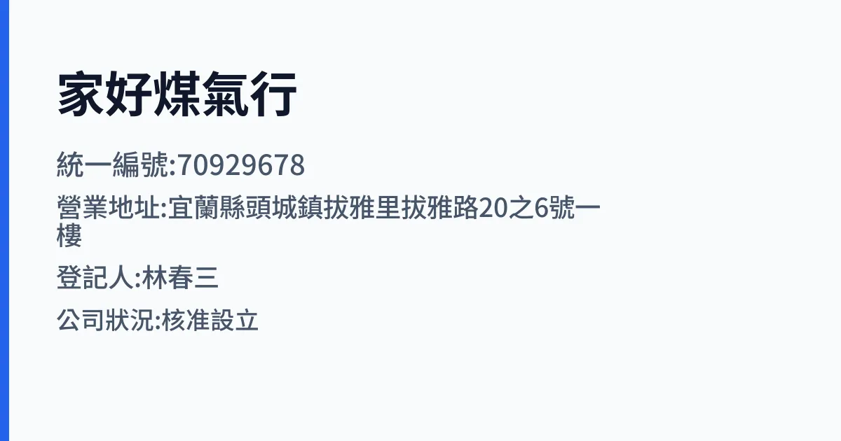 家好煤氣行 - 統編 70929678(宜蘭縣) 公司登記資料與營業項目詳細圖表