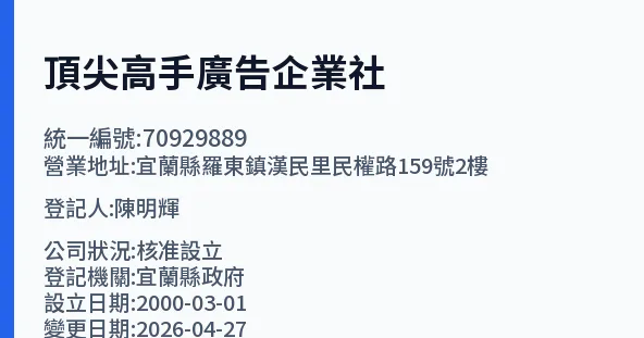 頂尖高手廣告企業社的照片-統編 70929889(宜蘭縣) 公司登記資料與營業項目詳細圖表