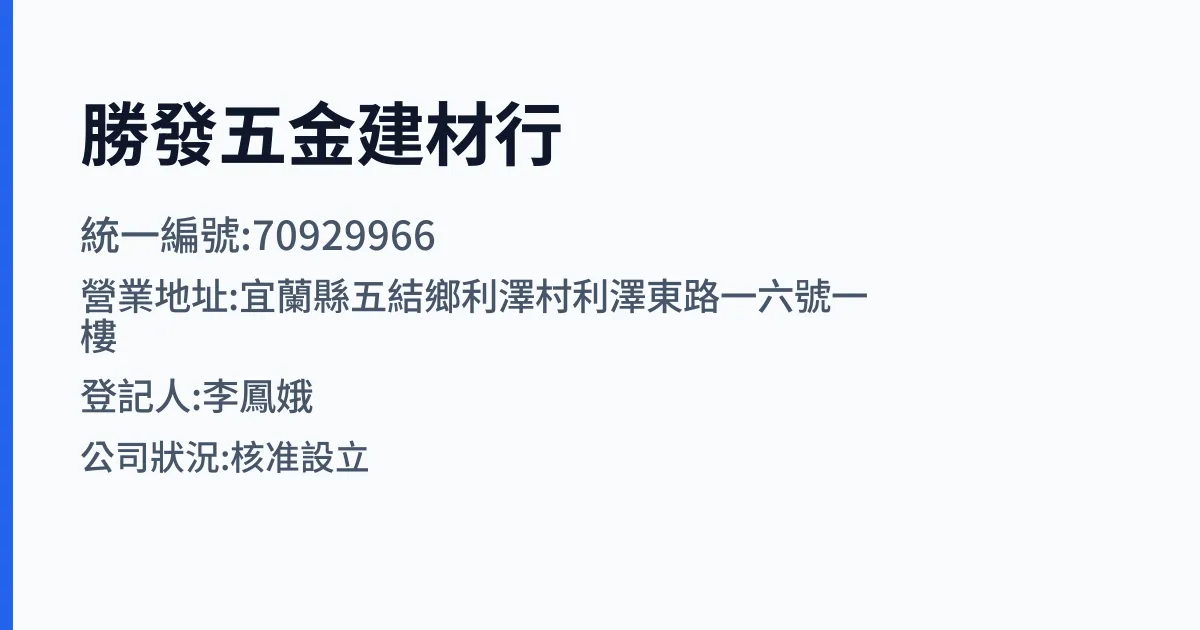 勝發五金建材行 - 統編 70929966(宜蘭縣) 公司登記資料與營業項目詳細圖表